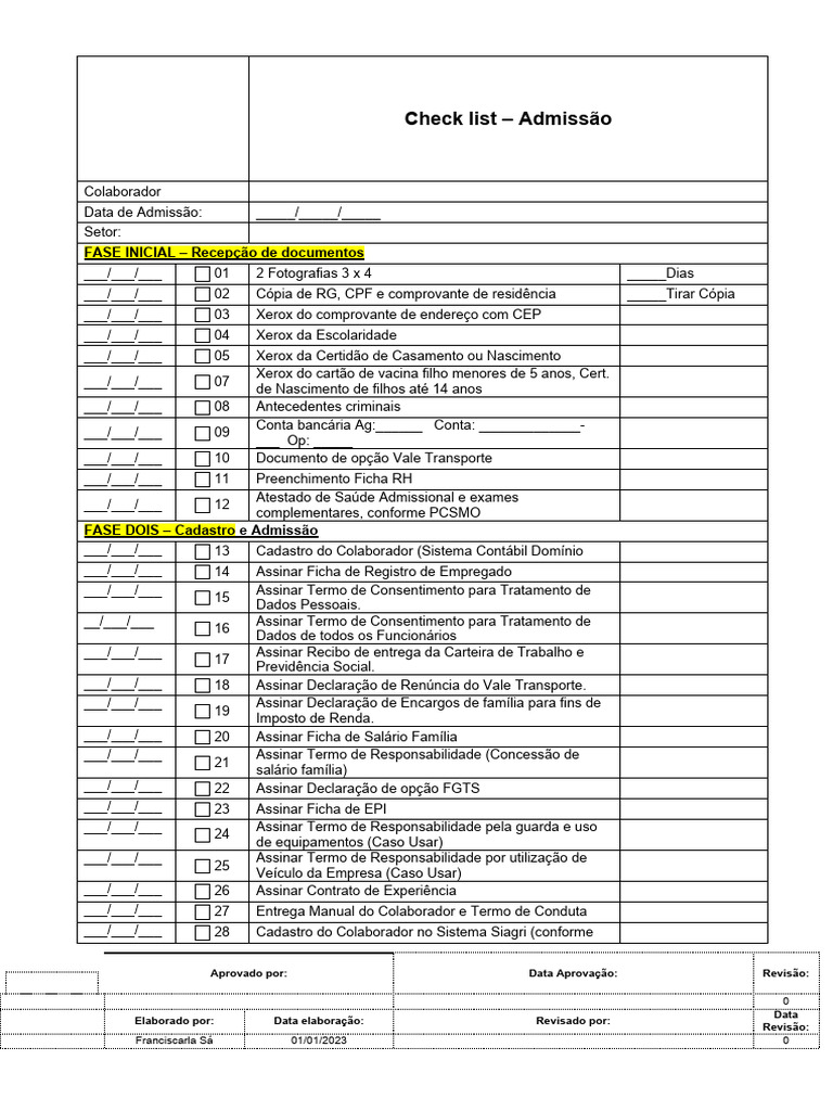Check List Colaboradores (Admissão) - Modelo | PDF