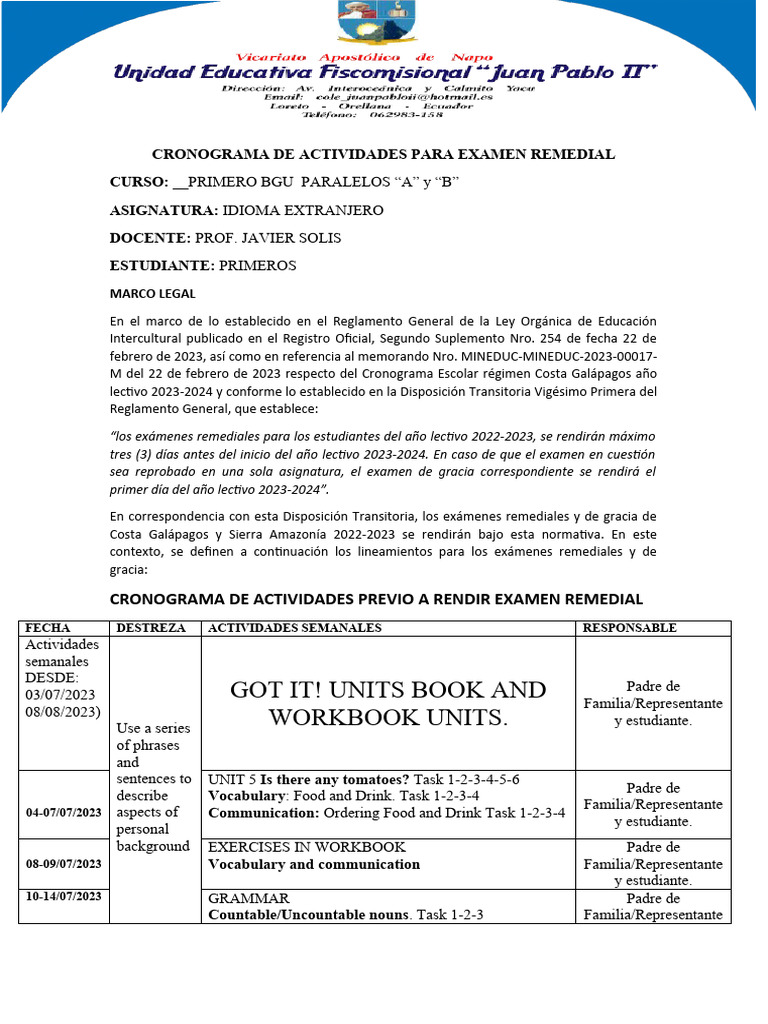 Cronograma de Actividades Examen Remedial 2022-2023 | PDF