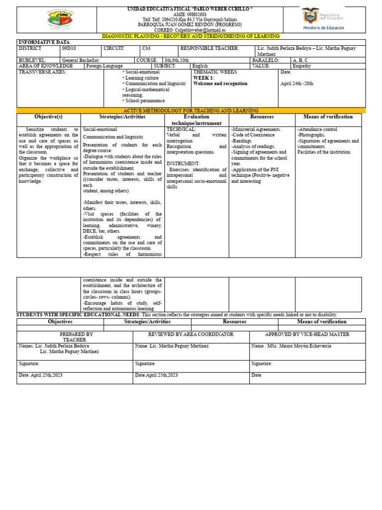9th Weeks English Plannification 3 | PDF