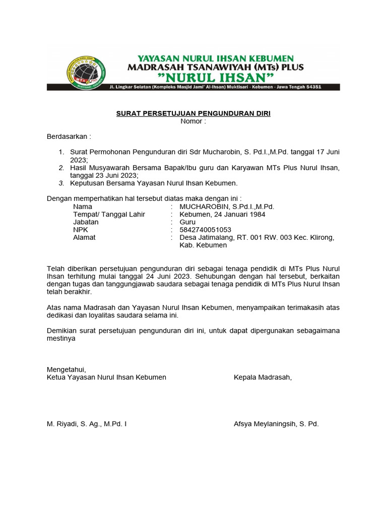 Surat Persetujuan Pengunduran Diri-1 | PDF | Kesehatan Holistik
