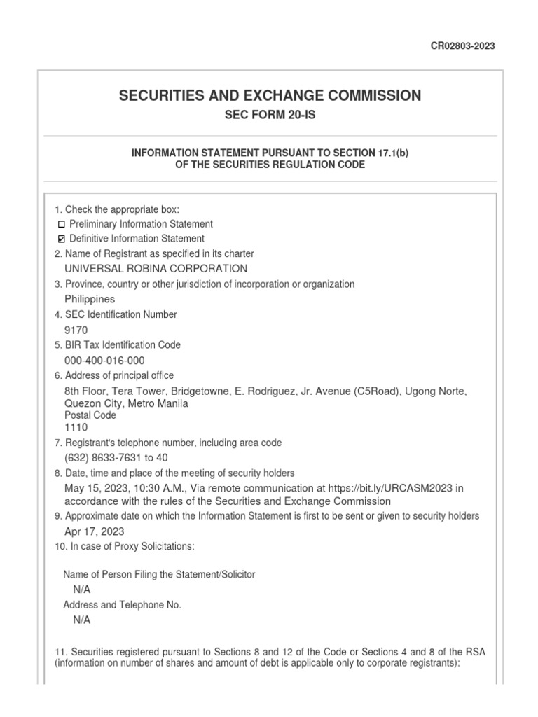 URC Definitive Information Statement 2023 | PDF