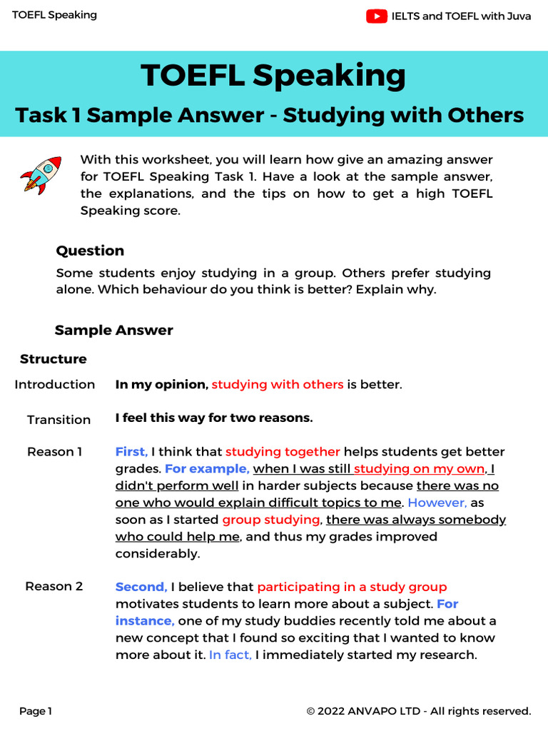17. TOEFL Speaking Task 1 Sample Answer - Studying with others_230309 ...