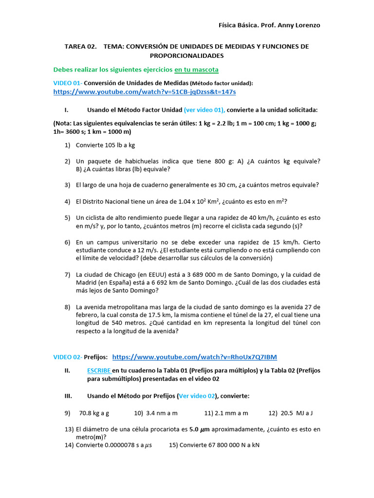 Tarea 02 Conversión Unidades de Medidas y Funciones de Proporcionalidades | PDF