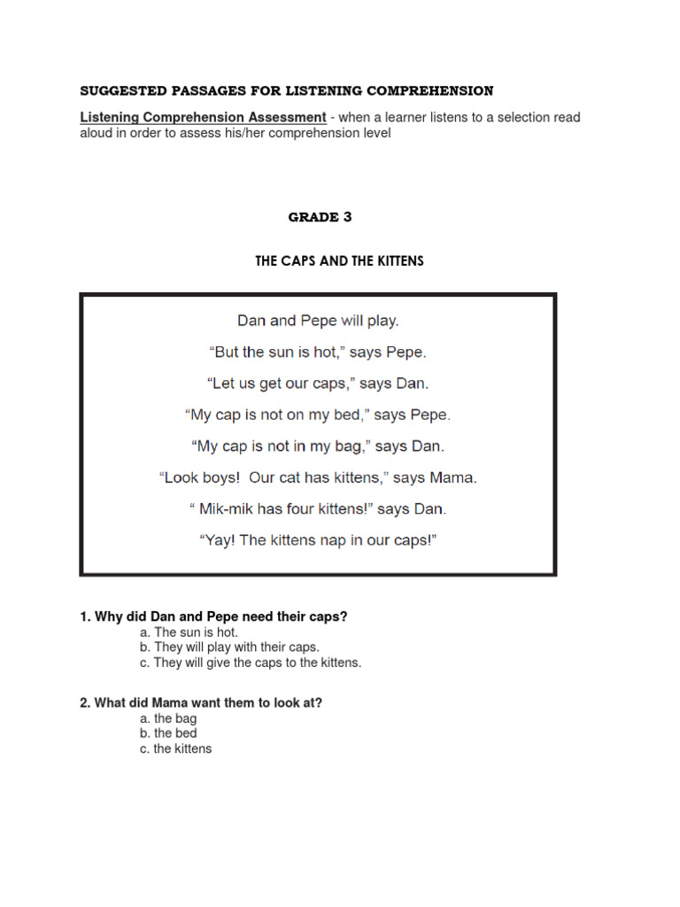 Listening Comprehension Passages by Grade | PDF | Language Arts ...