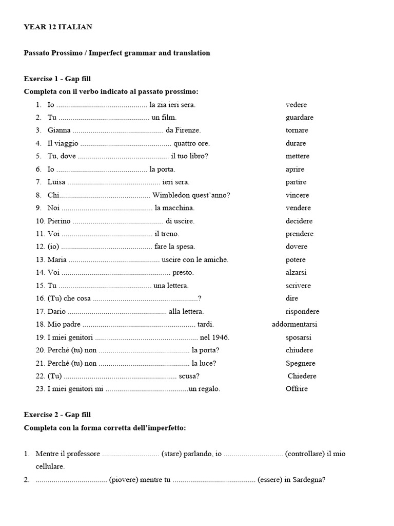 Passato Prossimo Imperfetto Grammar Exercises | PDF