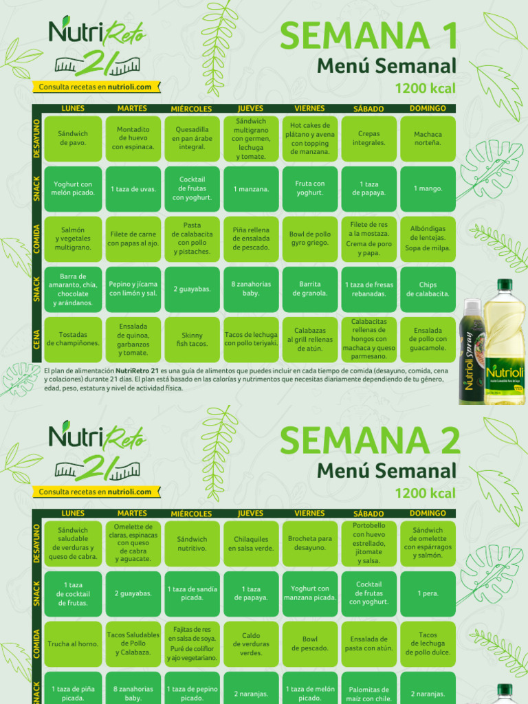 Menú Semanal 1200 kcal NutriRetro 21 | PDF | ensalada | Vegetales