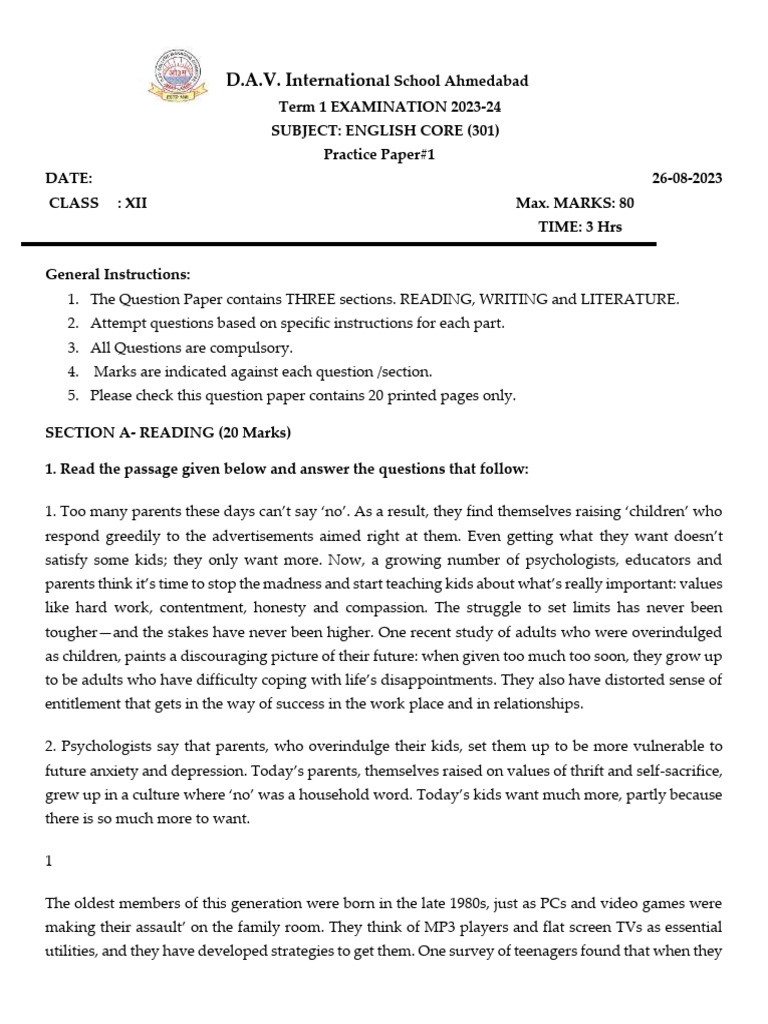 English Core Practice Paper XII 2023-24 | PDF