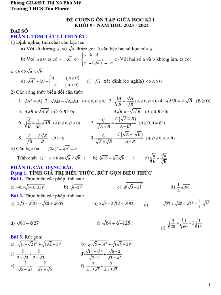 De Cuong Giua Ki 1 Toan 9-23-24 TP | PDF