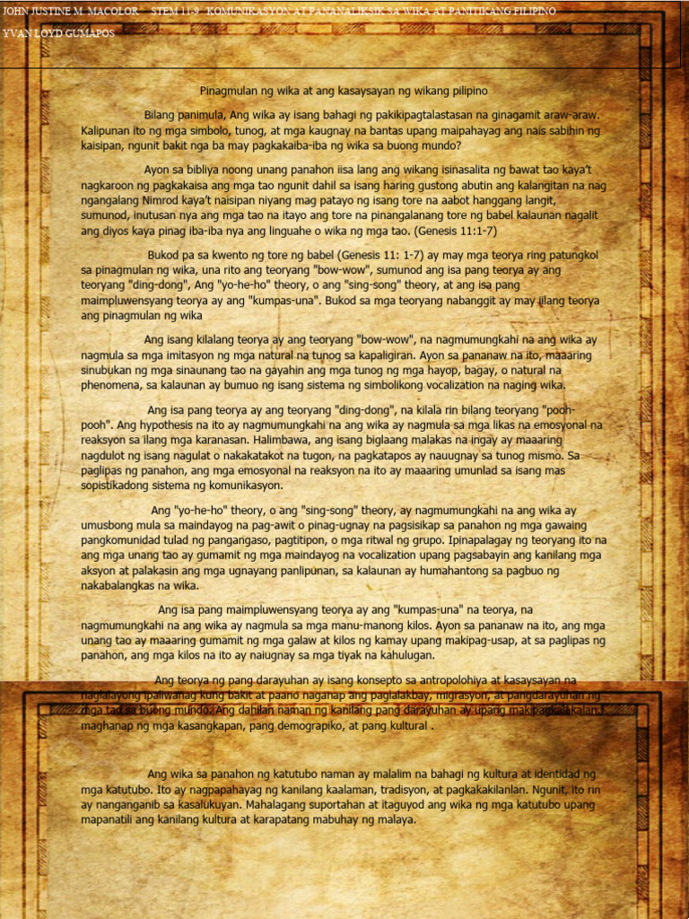 Pinagmulan NG Wika at Ang Kasaysayan NG Wikang Pilipino | PDF