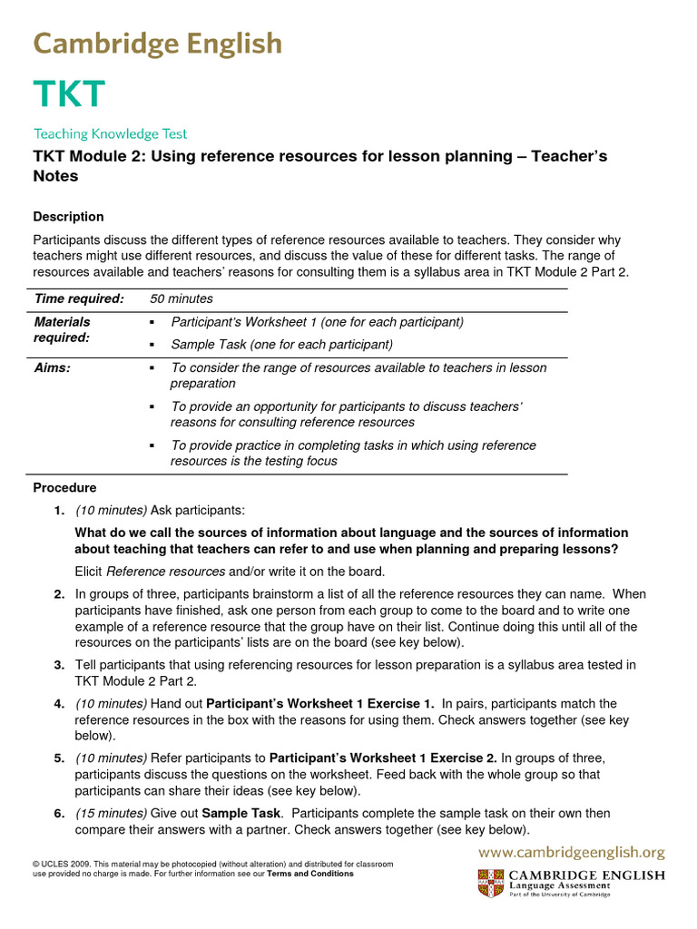 TKT Module 2 Using Reference Resources For Lesson Planning | PDF