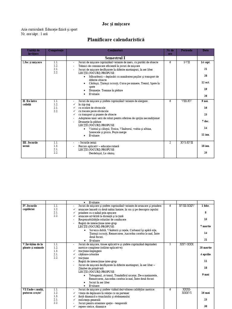 Planificare Joc Și Mișcare | PDF