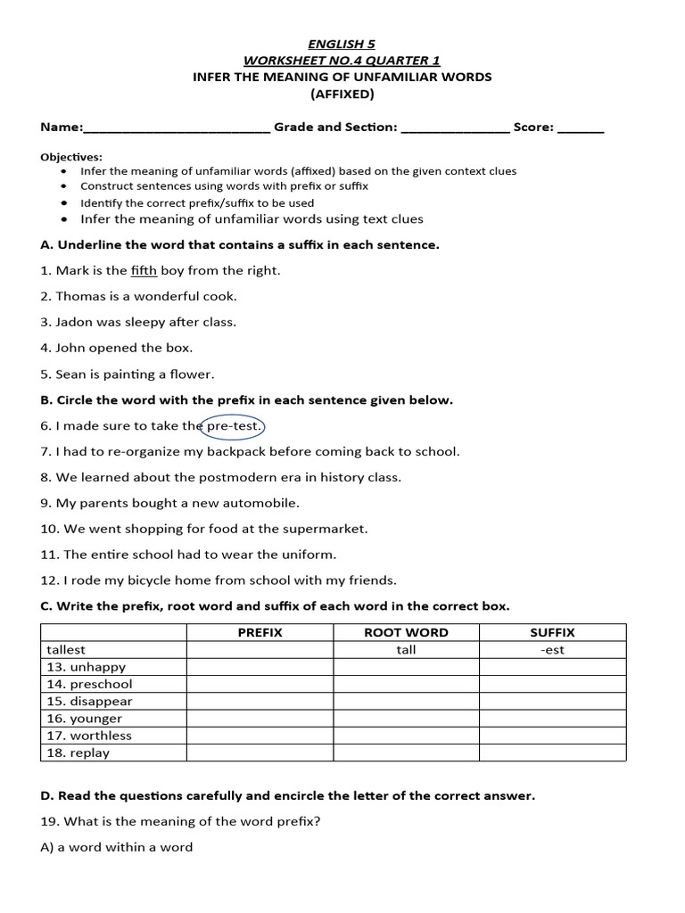 English 5 Worksheet No.4-Quarter 1-Affixes | PDF | Languages | Foreign ...