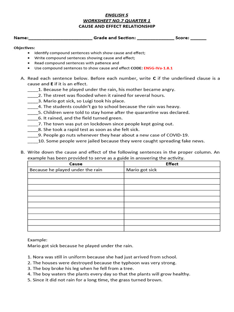 English 5 Worksheet No.7-Quarter 1-Cause and Effect | PDF