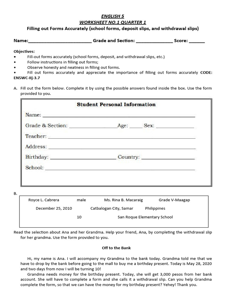 English 5 Worksheet No.1-Quarter 1-Filling Out Forms | PDF