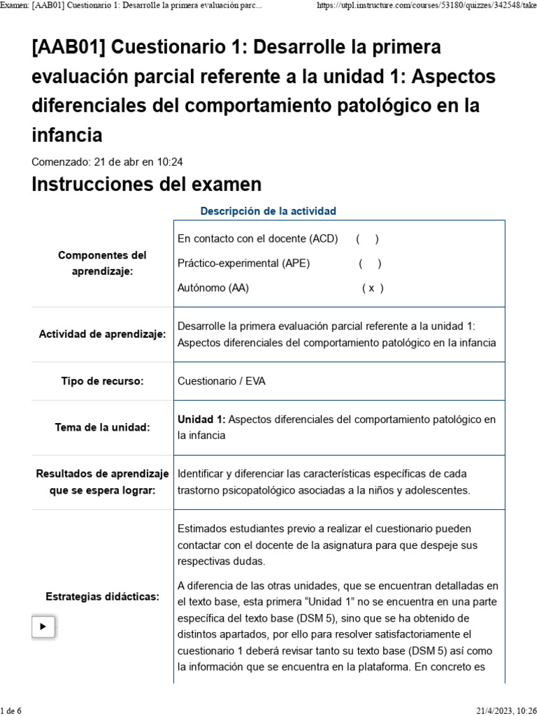Examen (AAB01) Cuestionario 1 Desarrolle La Primera Evaluación Parcial ...