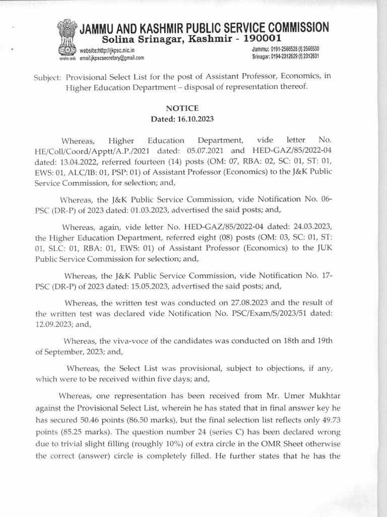 Provisional Selection List For The Post of Asstt Prof Economics in HED ... Provisional Selection List For The Post of Asstt Prof Economics in HED ...