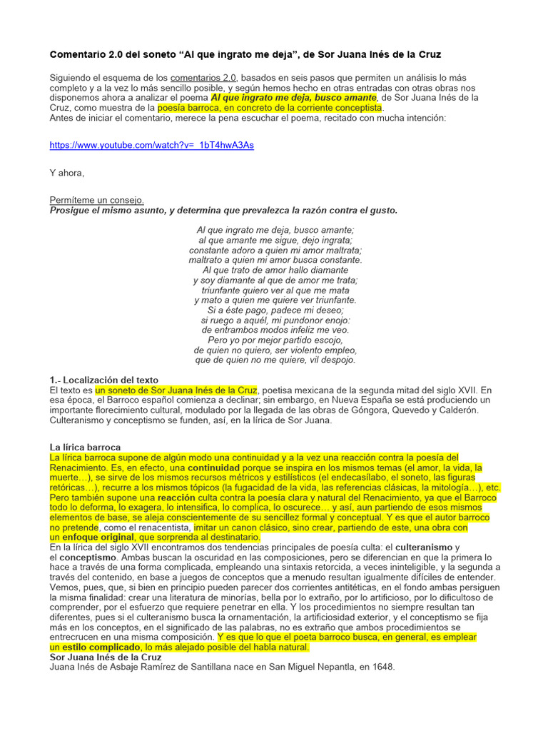 Poema Sor Juana INes de La Cruz - Al Que Ingrato Me Deja, Busco Amante ...