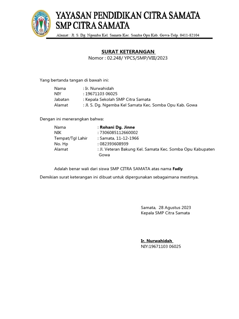 Contoh Surat Keterangan Wali | PDF