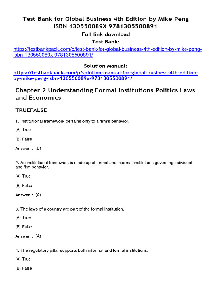 Test Bank For Global Business 4th Edition by Mike Peng ISBN 130550089X ...