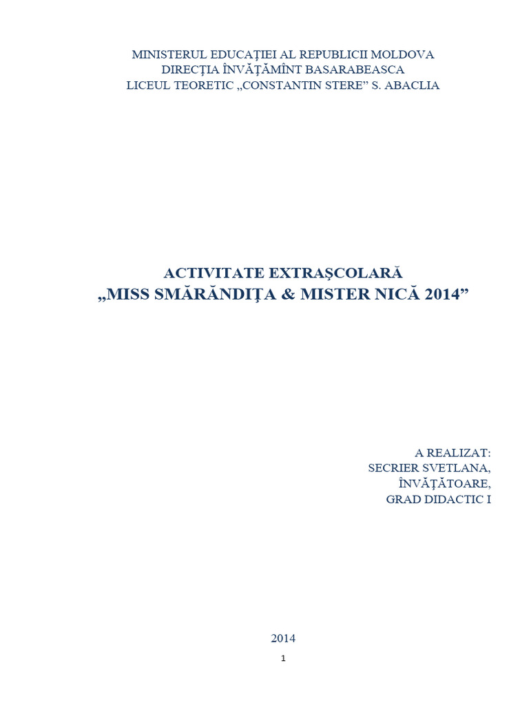 Scenariul Matineului Miss Smarandita Si Mister Nica 2014 | PDF