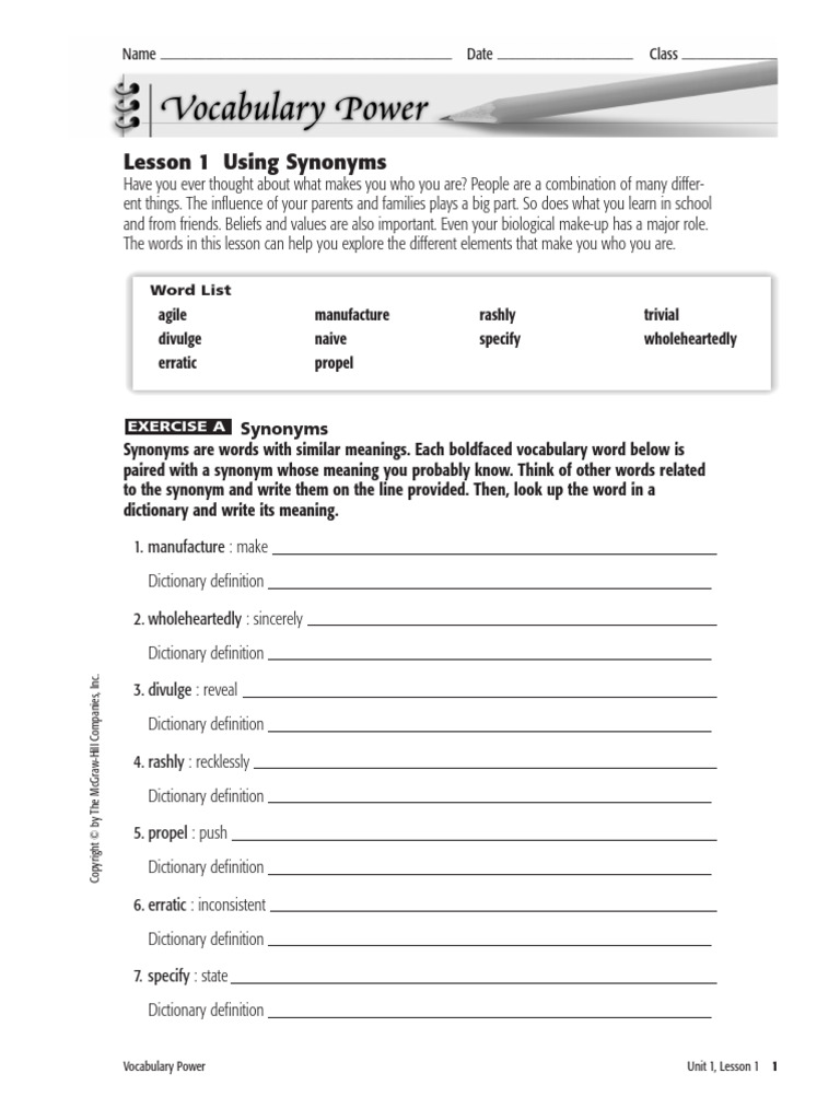 Vocabulary Power Workbook-7th Grade Lesson 1 | PDF | Language Arts ...