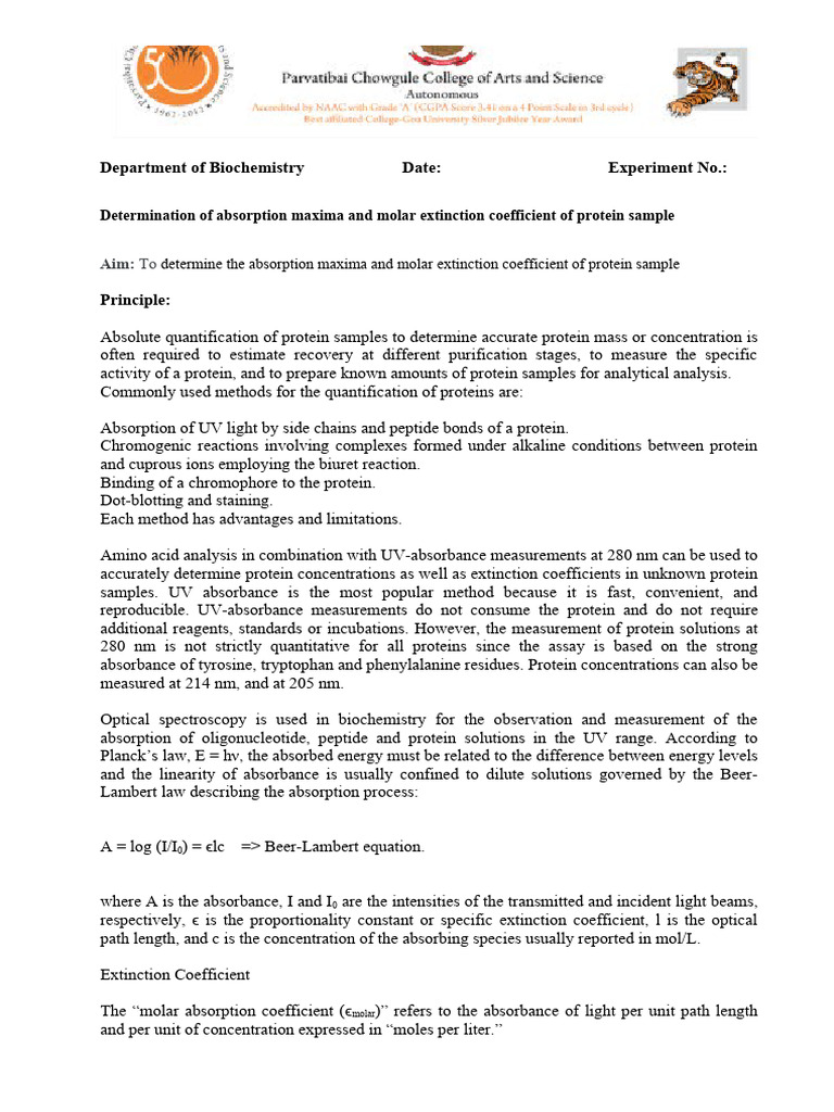 Determination of Absorption Maxima and Molar Extinction Coefficient of ...