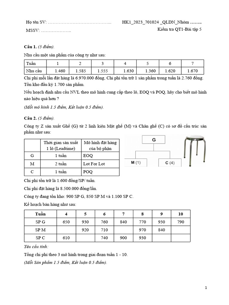 Bài tập 5 - LFL-EOQ-POQ - Cấu trúc-Đề 3 | PDF