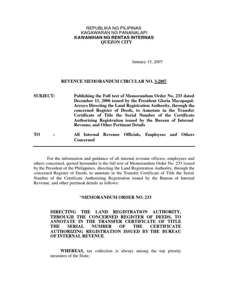 RMC 3-2007 (CAR Annotation in The TCT) | PDF