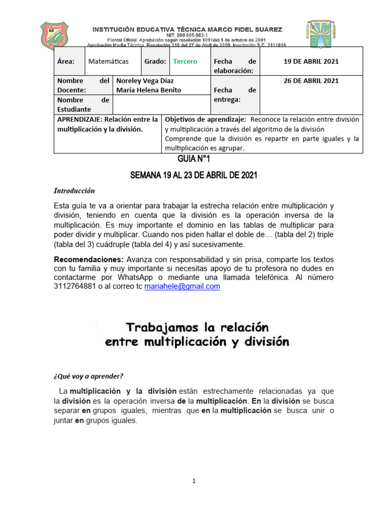 Guia 1 Matematicas - Tercero | PDF Guia 1 Matematicas - Tercero | PDF