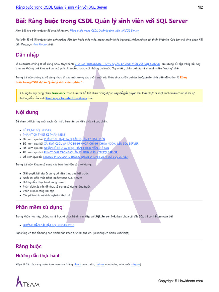 HOWKTEAM.VN - Ràng buộc trong CSDL Quản lý sinh viên với SQL Server | PDF