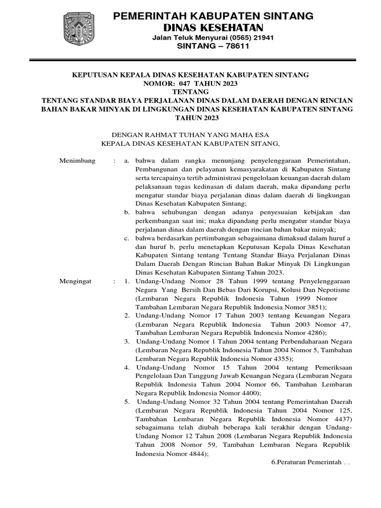Draft SK Kadis Perjadin Transport Rincian BBM 2023 Oke | PDF