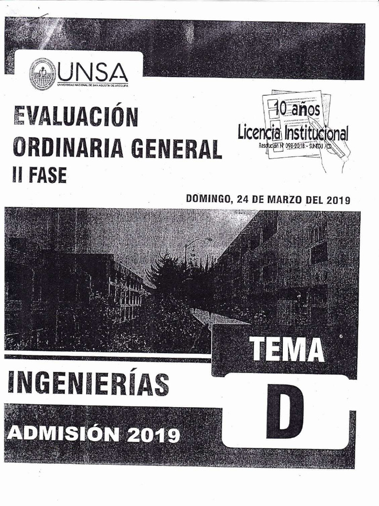 Examen de Admisión Ordinario UNSA 2019 Fase II - Ingenierías | PDF