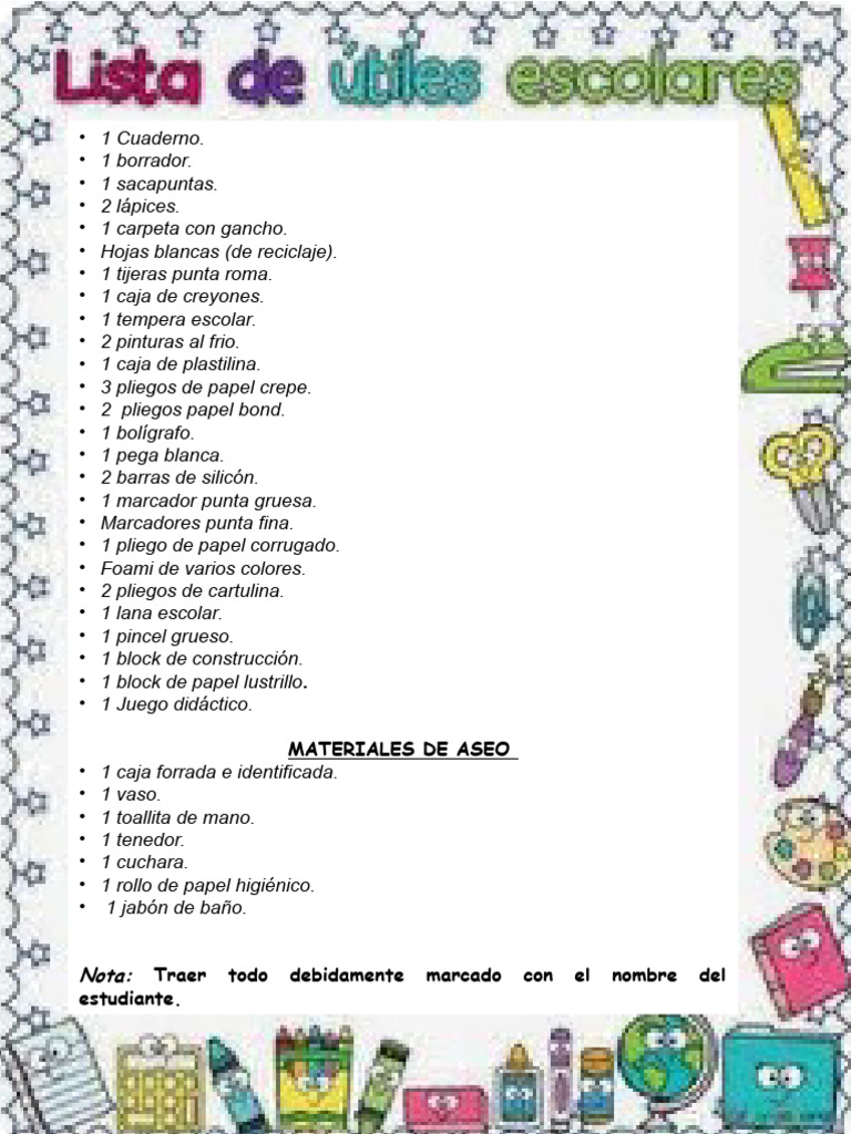Lista de Utiles PREESCOLAR | PDF