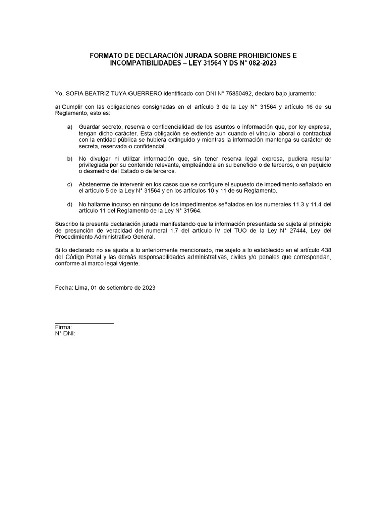 Anexo - Formato de Declaración Jurada Sobre Prohibiciones e Incompatibilidades | PDF | Derecho