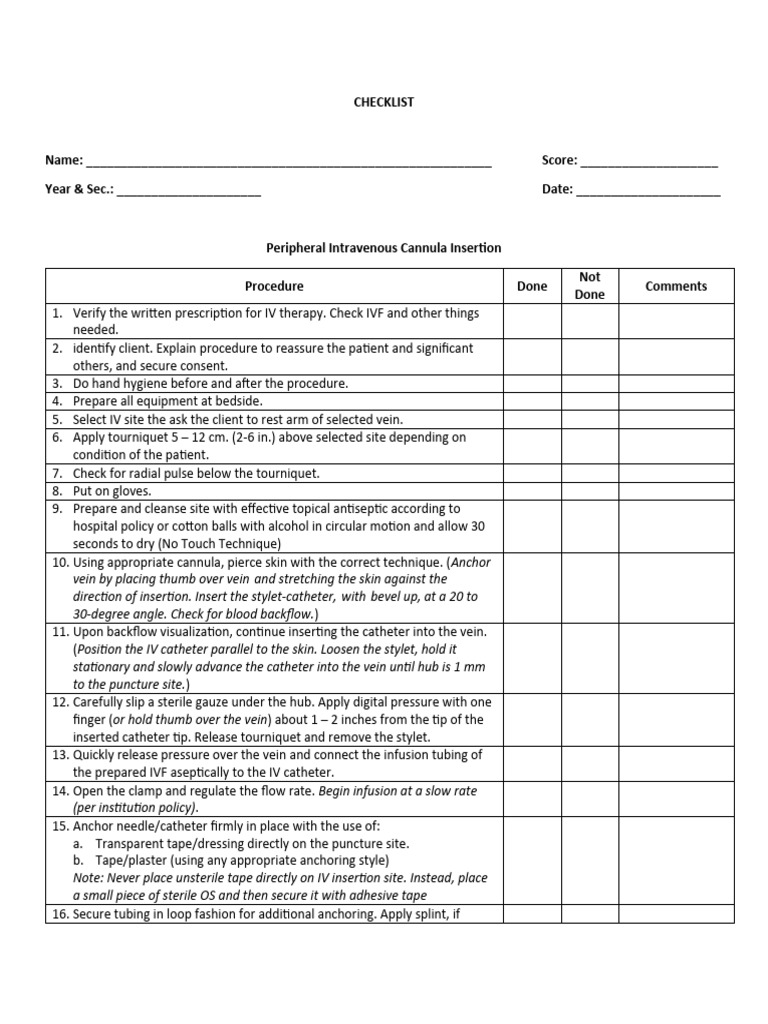 IV Insertion Checklist | PDF | Science & Mathematics