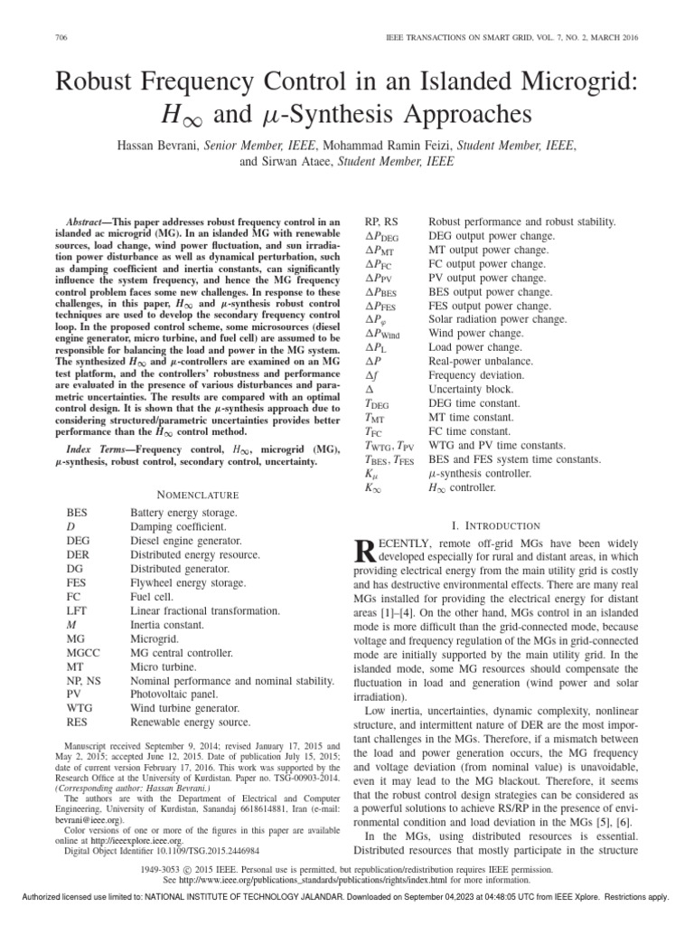 Robust Frequency Control in An Islanded Microgrid H Infty and Mu - Synthesis Approaches | PDF
