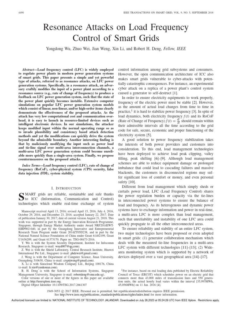 Resonance Attacks On Load Frequency Control of Smart Grids | PDF