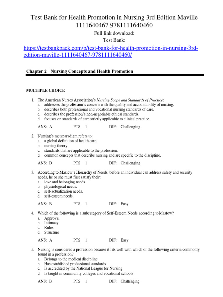 Test Bank For Health Promotion in Nursing 3rd Edition Maville ...