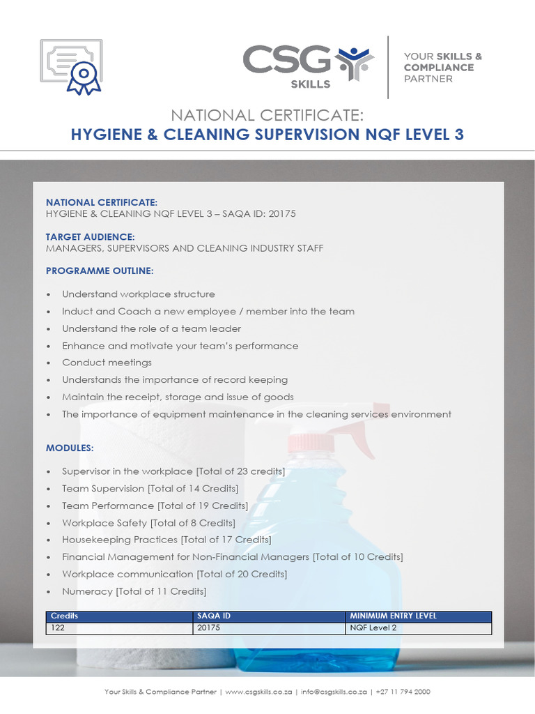 NC Hygiene Cleaning Supervision NQF Level 3 | PDF