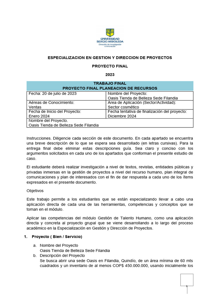 2023 - II Proyecto Final Gestion de TH 2 - Oasis Tienda de Belleza Sede Filandia | PDF