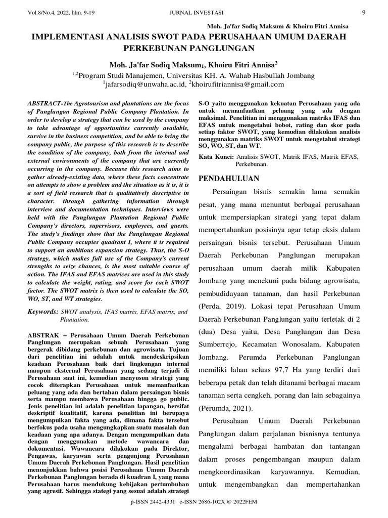 Implementasi Analisis Swot Pada Perusahaan Umum Daerah Perkebunan Panglungan | PDF | Karier ...