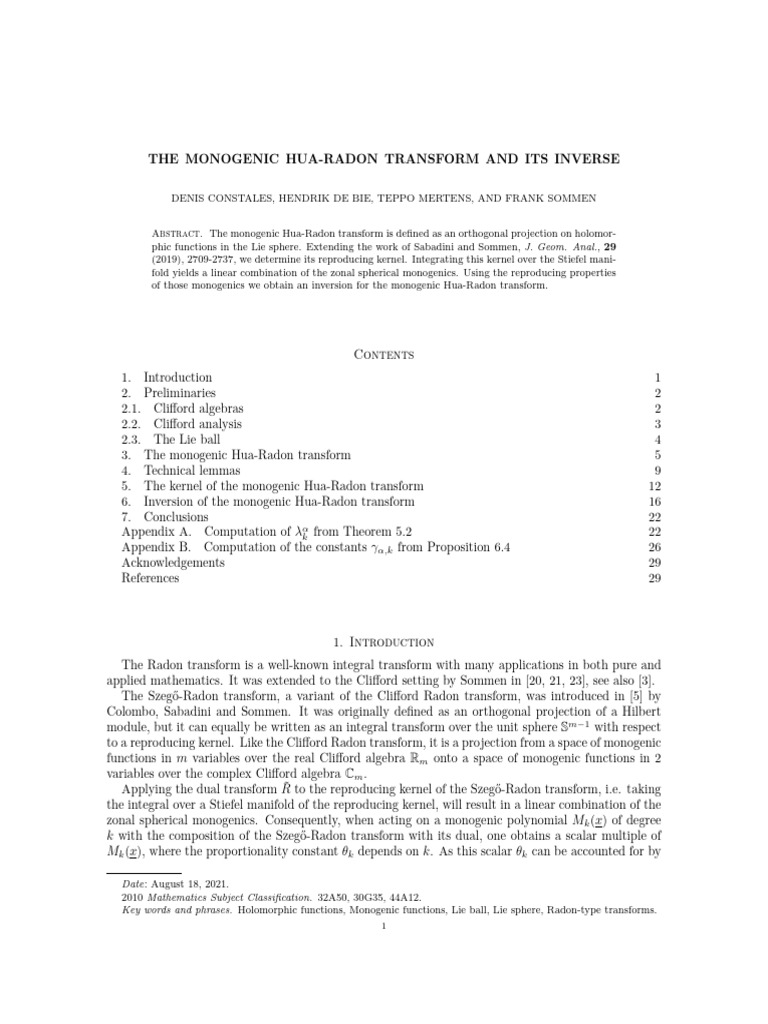 The Monogenic Hua-Radon Transform and Its Inverse | PDF