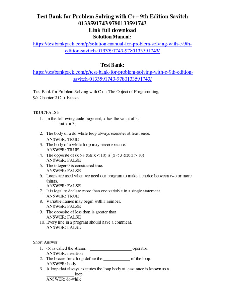 Test Bank For Problem Solving With C 9th Edition Savitch 0133591743 ...