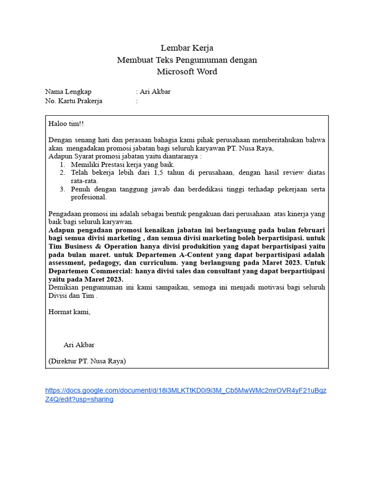 Tpm 3 Membuat Teks Pengumuman Dengan Microsoft Word Ari Akbar Pdf