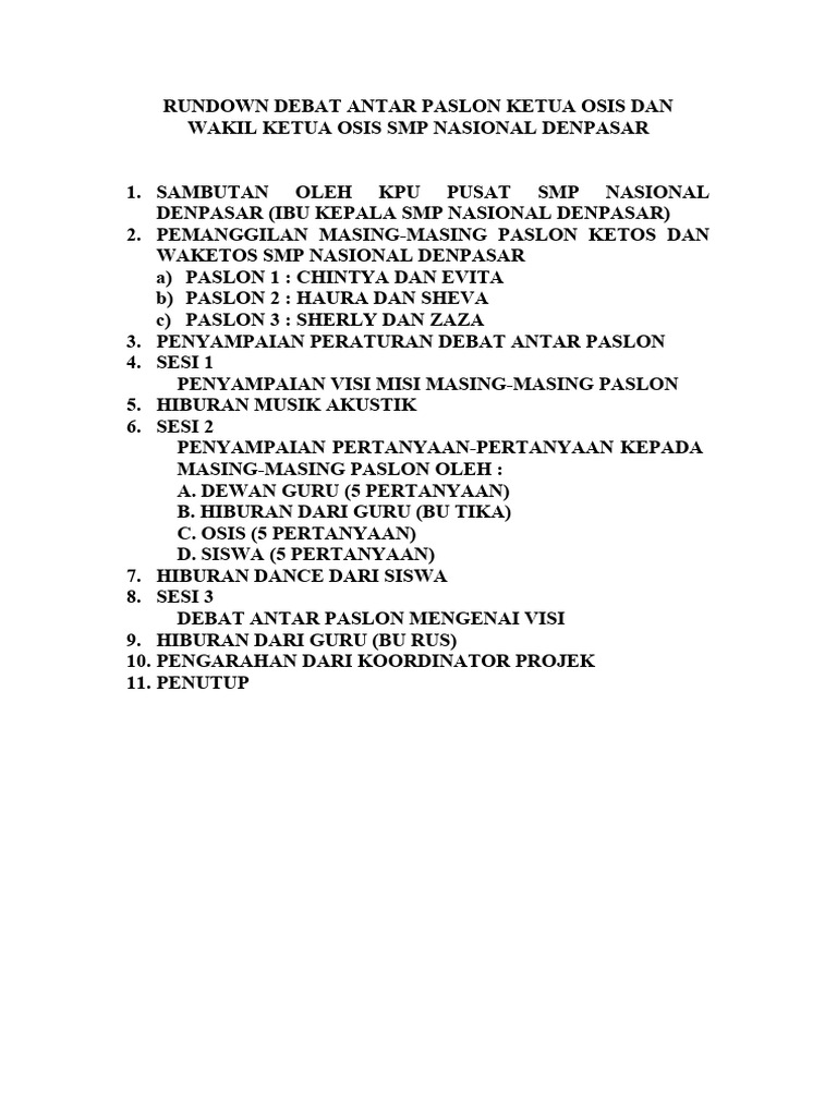 Rundown Debat Antar Paslon Ketua Osis Dan Wakil Os | PDF