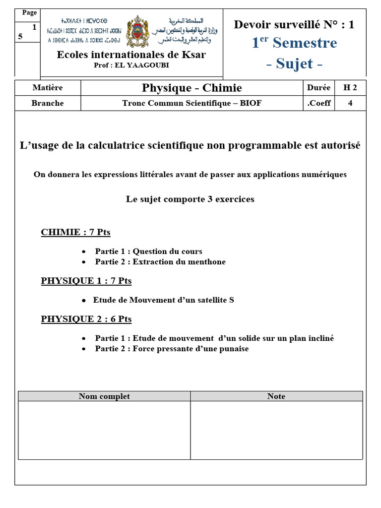 Devoir N1 Semestre 1 Physique Tronc Commun Sciences Word Modele - 3 | PDF