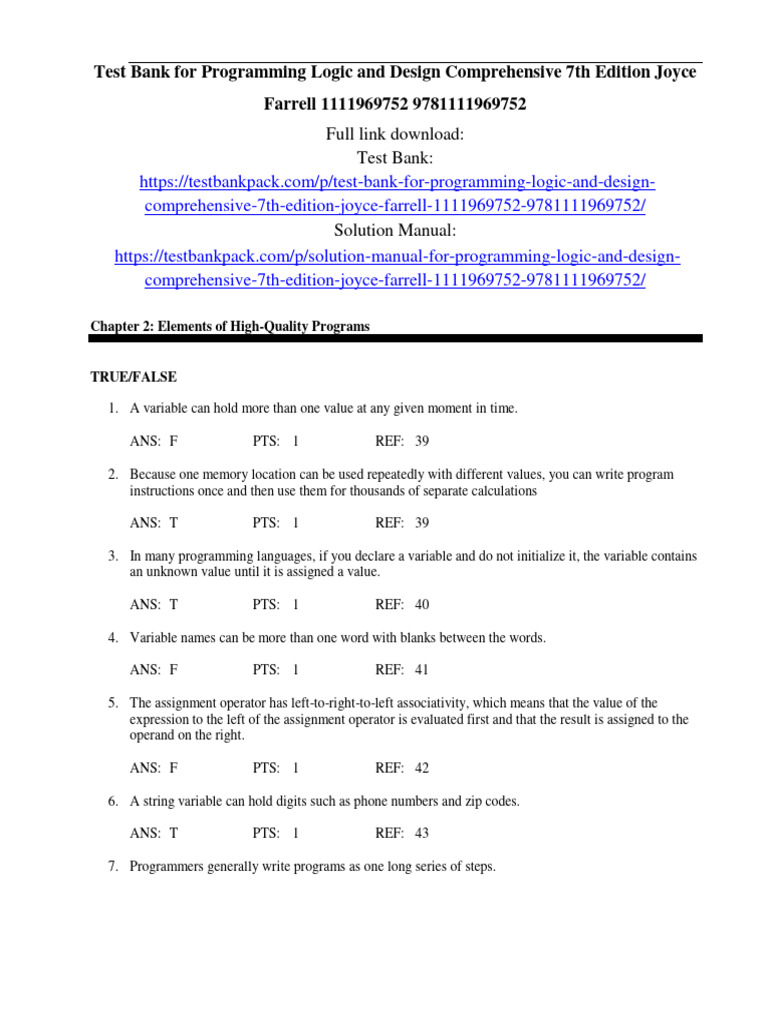 Test Bank For Programming Logic And Design Comprehensive 7th Edition Joyce Farrell 1111969752 