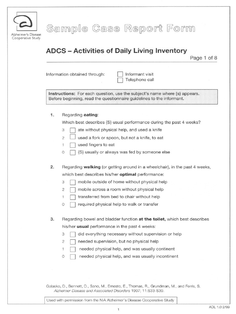 ADCS-ADL Scale, Scoring and Manual - Dementia Outcomes ... | PDF