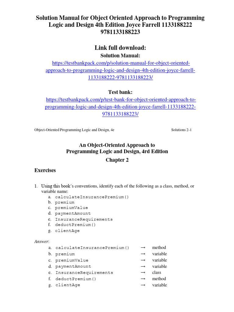 Solution Manual For Object Oriented Approach To Programming Logic and ... Solution Manual For Object Oriented Approach To Programming Logic and ...