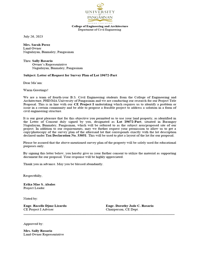 REQUEST LETTER FOR SURVEY PLAN TO OWNER - Team Erika Abalos - Revised | PDF